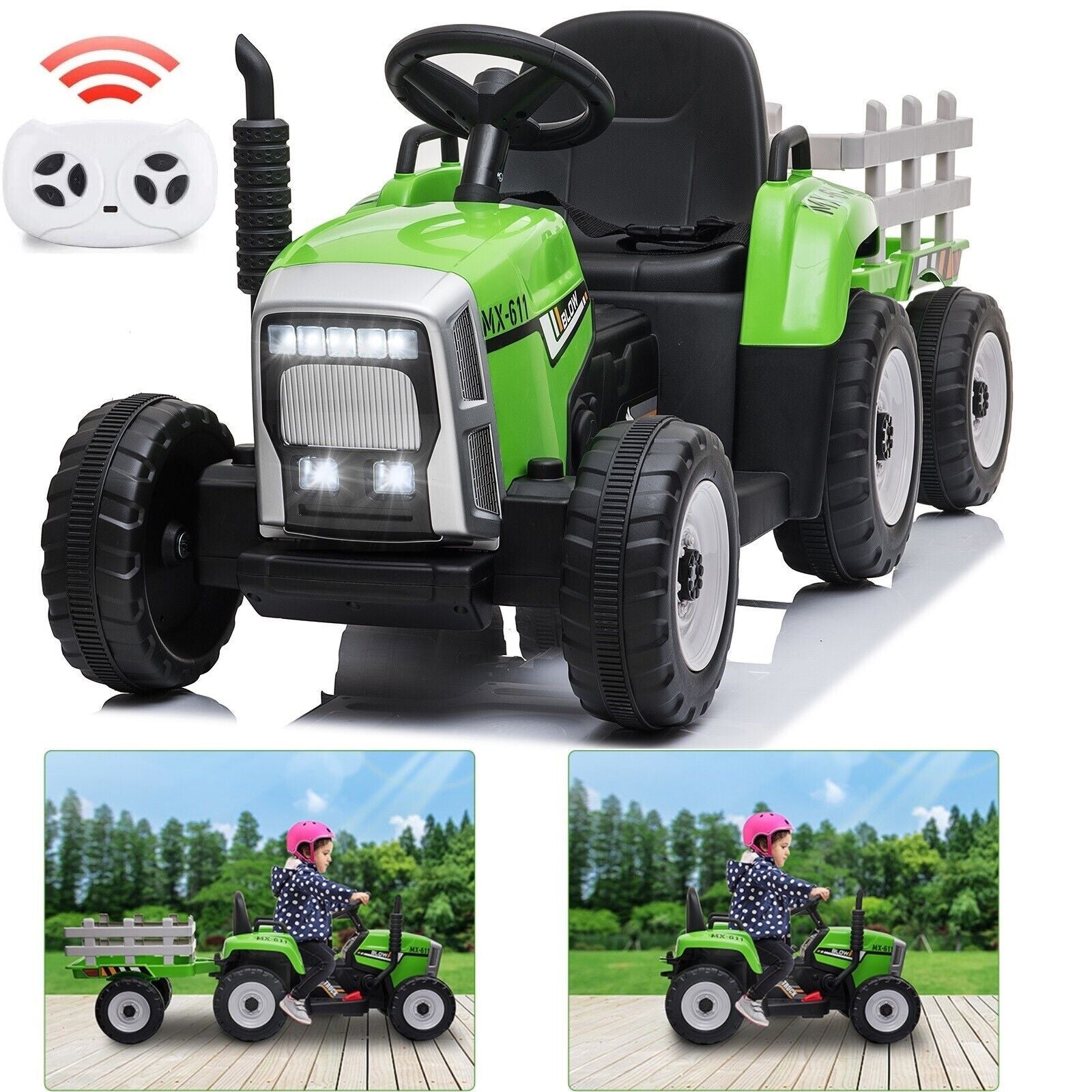 12V Electric Kids Ride On Car Battery-Powered Tractor w/ Trailer Toy ...