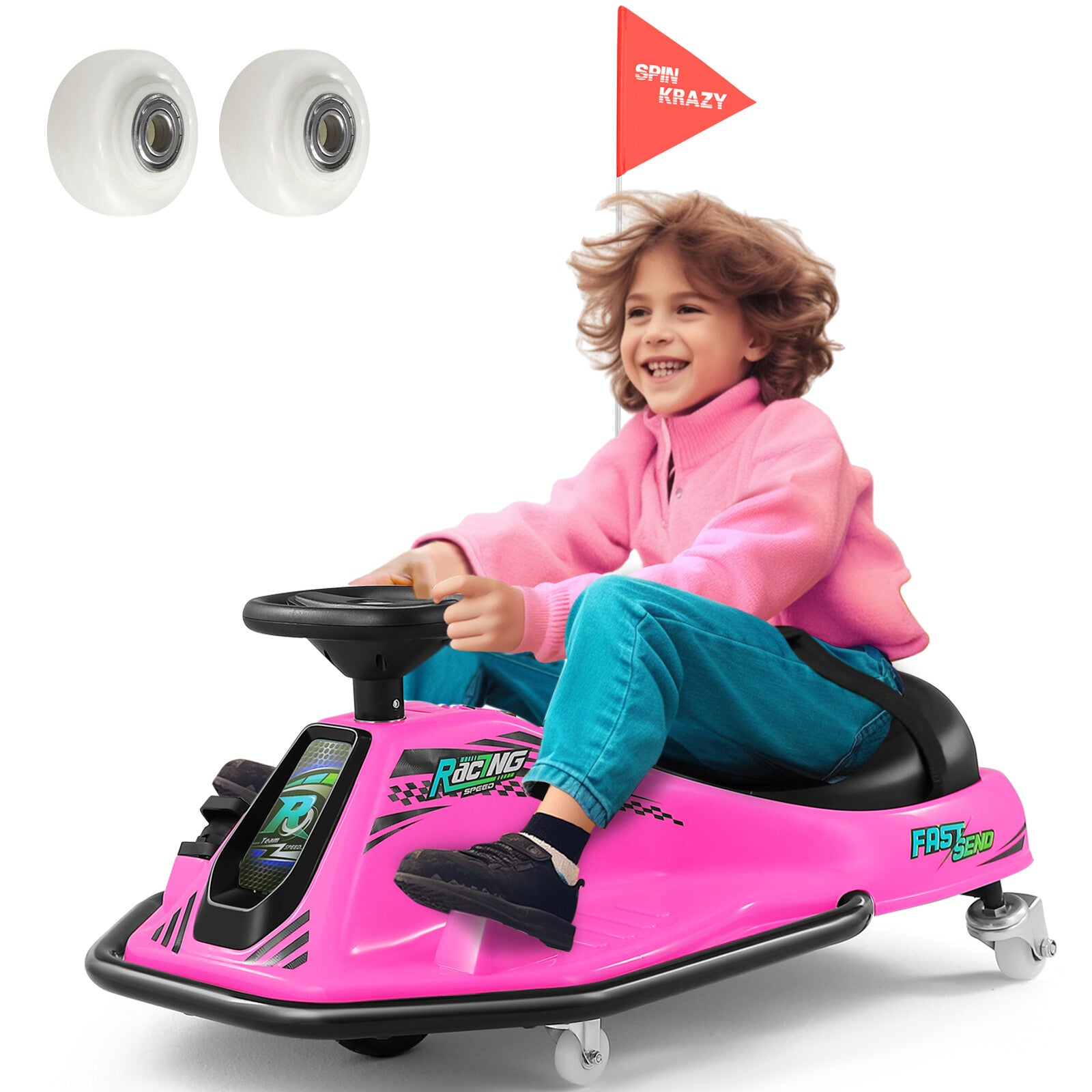 360° 24V Kids Electric Drifting Go Kart Ride On Cart with Bluetooth (Pink)