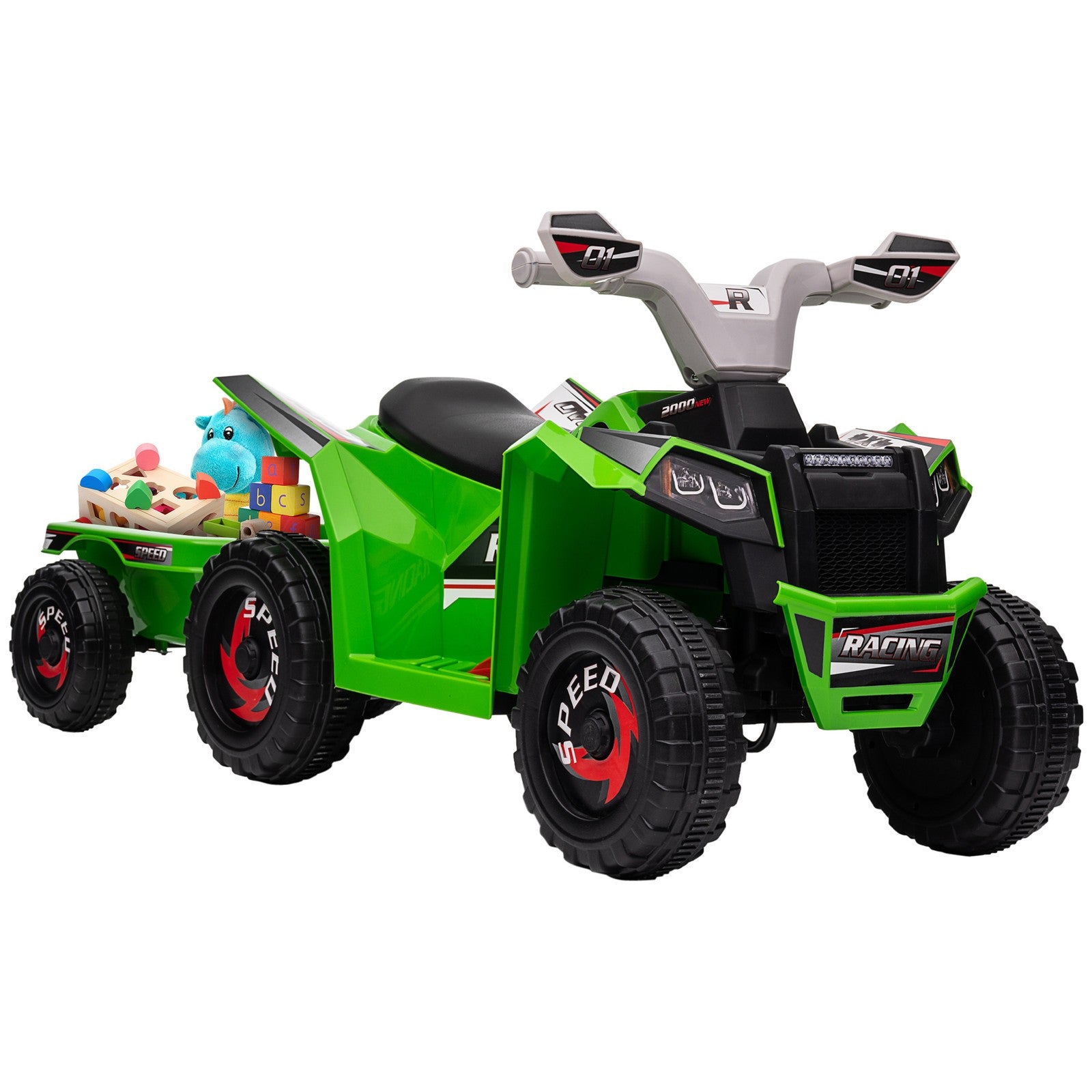 6V Kids ATV Quad Car with Back Trailer, Forward Backward Green