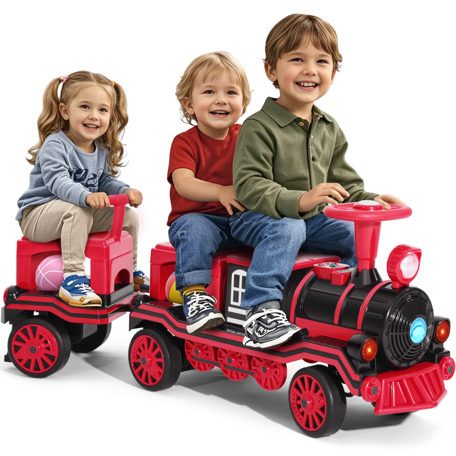 Blue/Red Large 12V Kids 2-Seater Ride On Train Electric Car Music ...