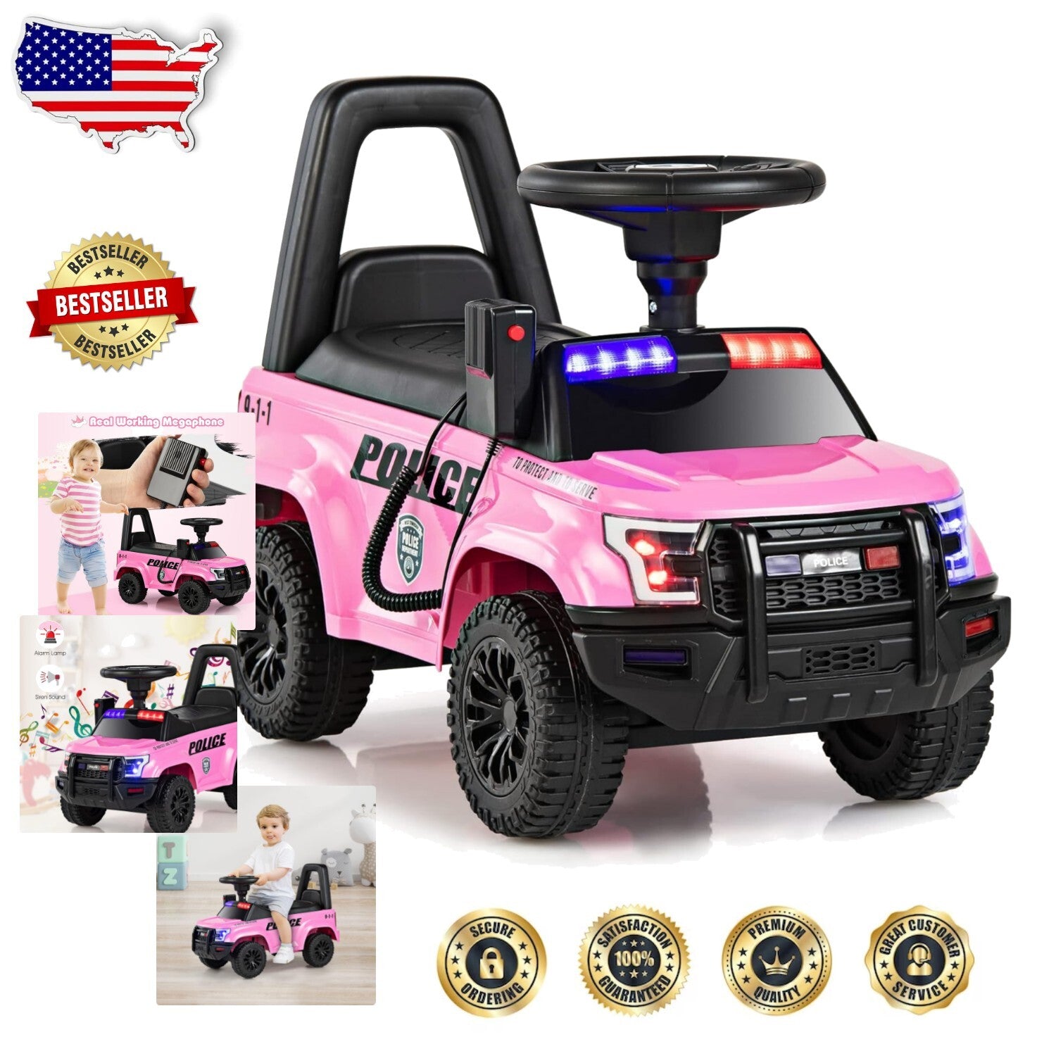 CPSIA Approved Pink Police Ride-On Car with Hidden Storage for Ages 1-