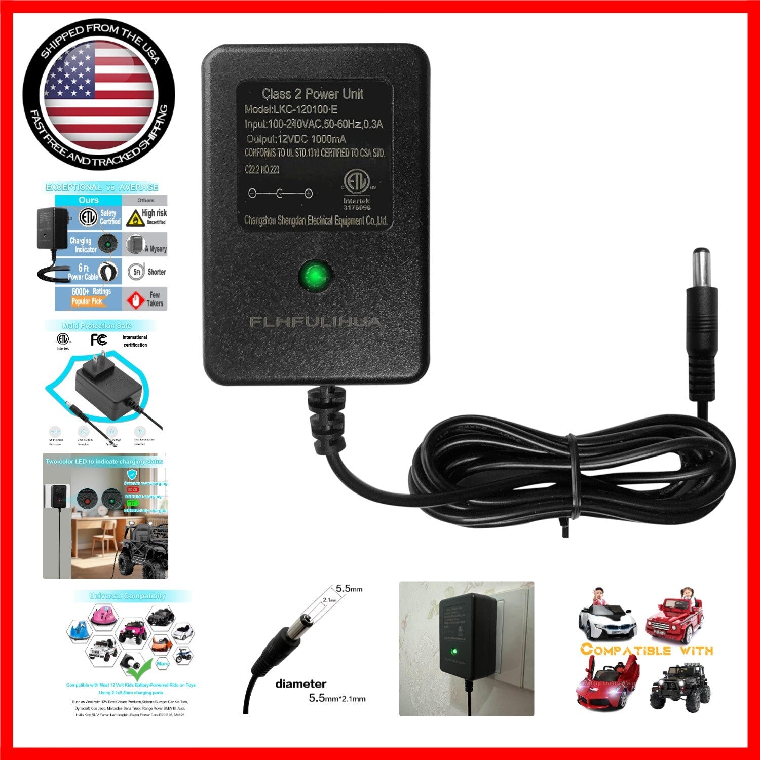 Efficient 12 Volt Ride-On Toy Charger with Rapid Charging and Safety F