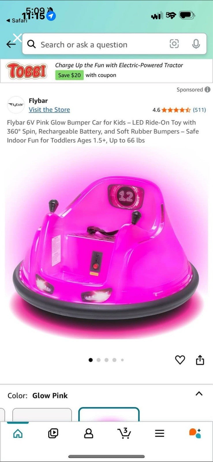 Flybar 6 Volt Battery-Powered Pink Bumper Car with LED Lights