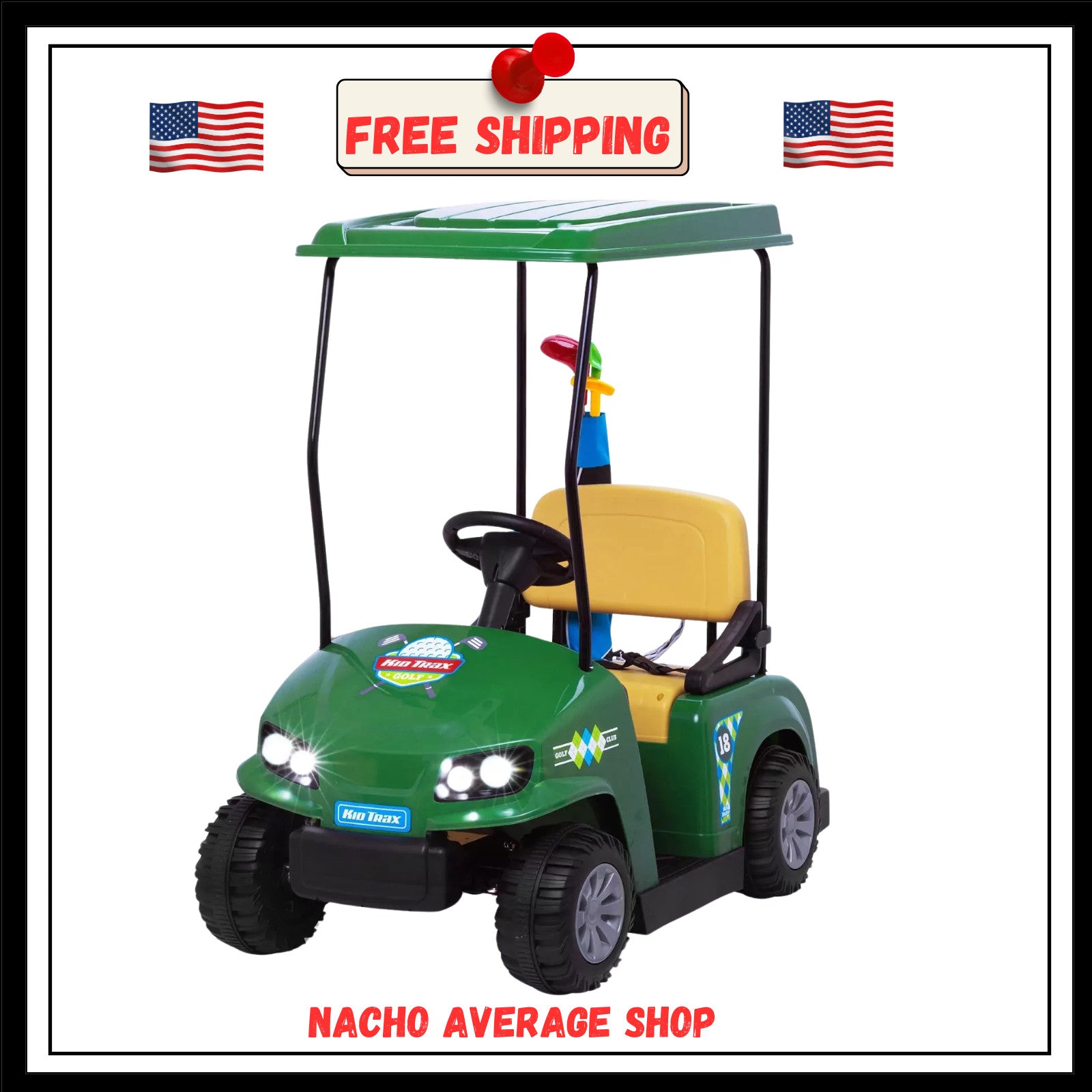 12V Battery-Powered Kid’s Golf Cart Ride-On with Golf Clubs and Balls