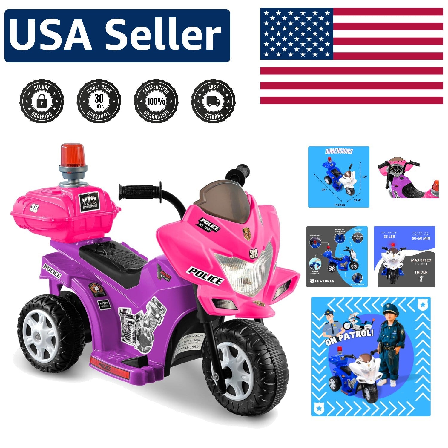 6V Purple and Pink Patrol Ride-On Car for Toddlers 18+ Months