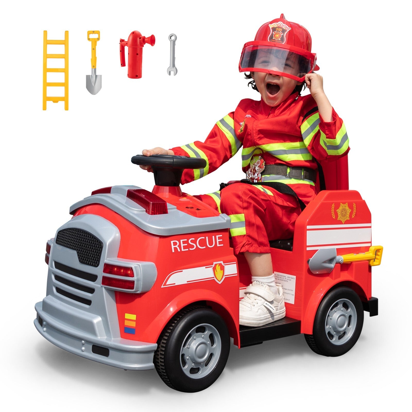 Kids Electric Fire Fighting Truck with LED Lights, Horn, One-key Start, Red