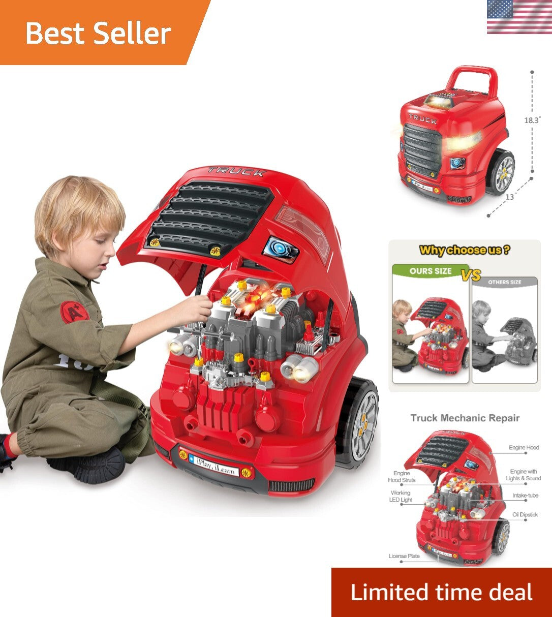 Large Truck Engine Toy Mechanic Repair Set for Toddlers Ages 3-5