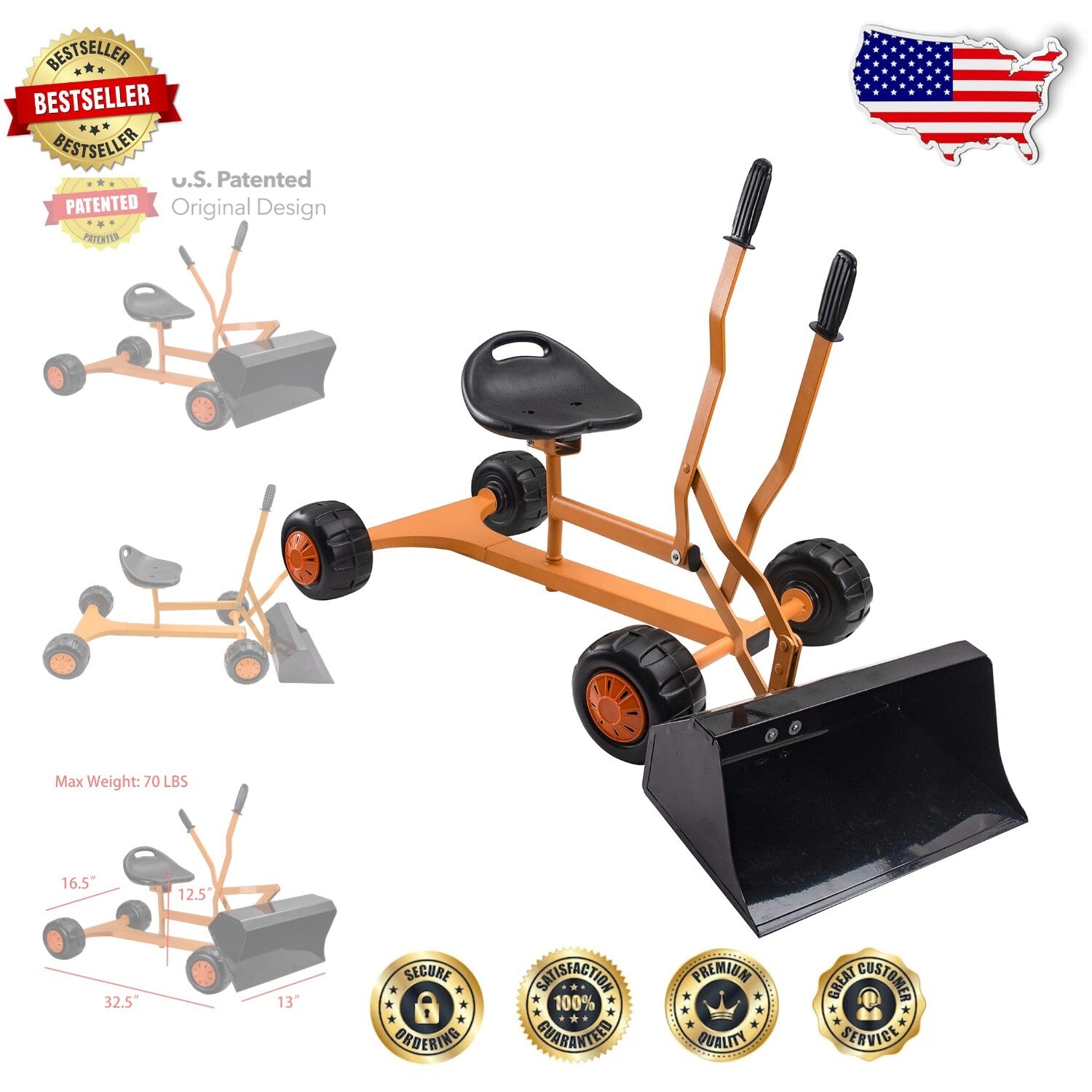 Lightweight Metal Ride-On Bulldozer Toy with Wide Shovel for Young Chi