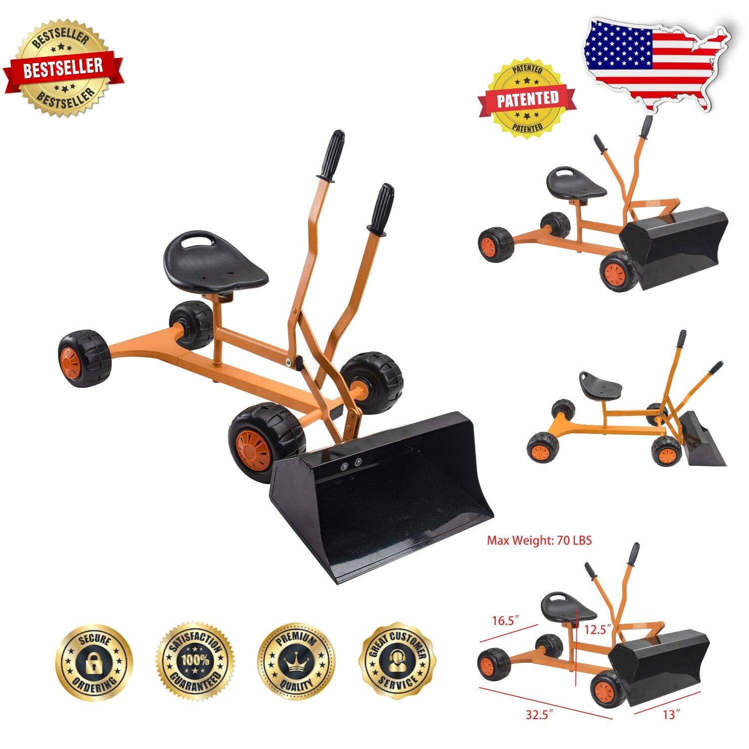 360-Degree Rotating Kids Bulldozer Ride-On Toy with Wide Scoop