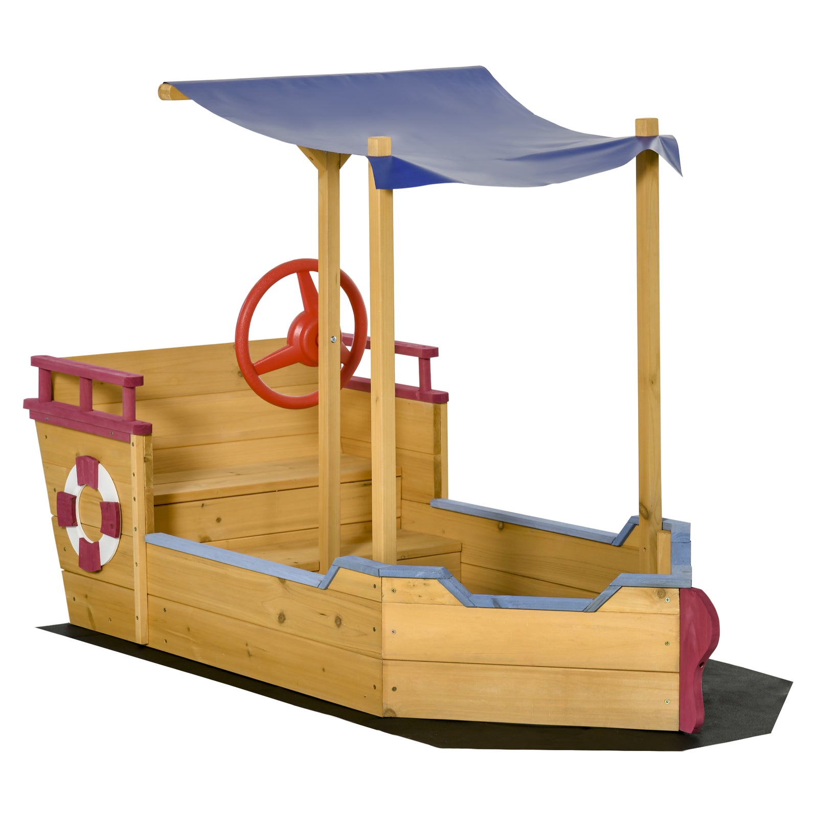 Wooden Pirate Ship Sandbox with Cover, Rudder, and Storage Bench