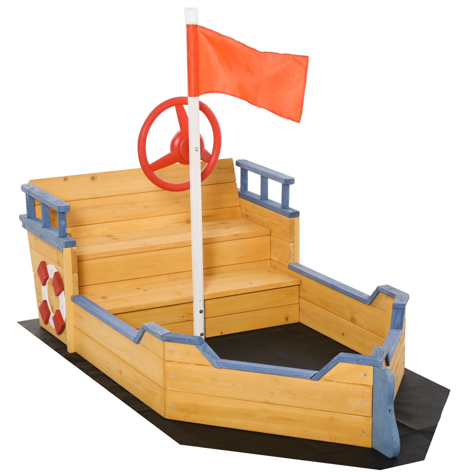 Wooden Kids Pirate Ship Sandbox with Bench Seating and Storage for Out