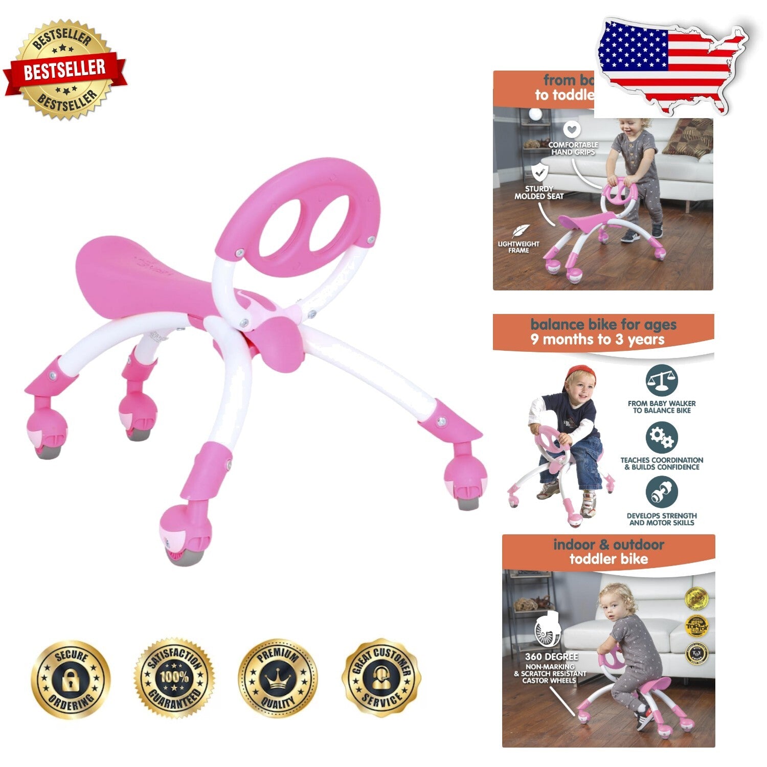 Pink Push Ride-On Toy for Balanced Development Ages 9 Months to 3 Year