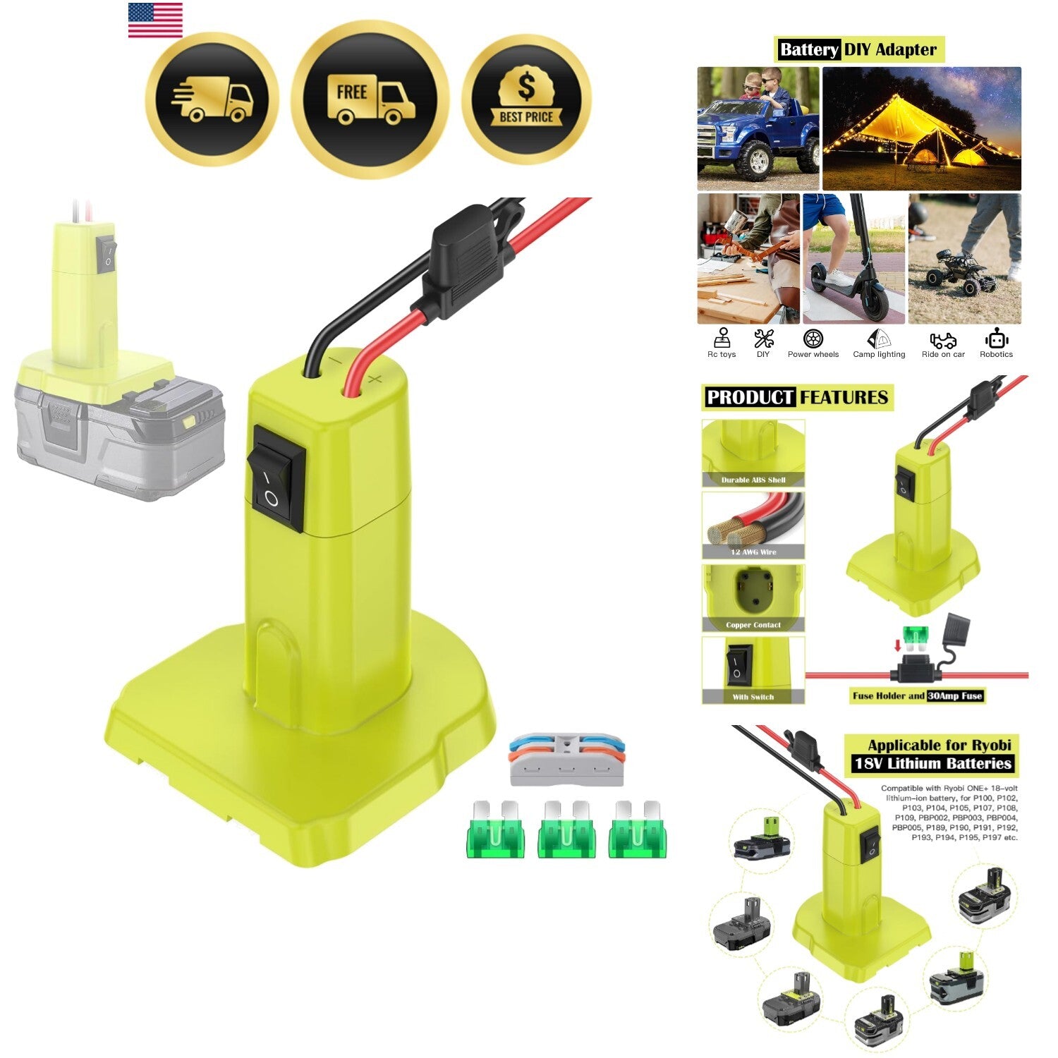 High-Power DIY Conversion Kit with Wheels and Adapter for 18V Ryobi Ba
