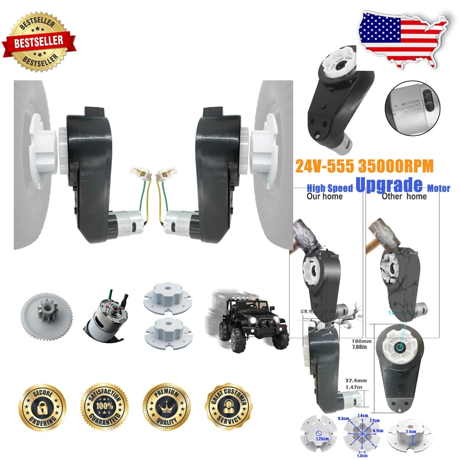 Power Wheels Upgrade Kit 2PCS 24V 35000 RPM Motor Gearbox with Accesso