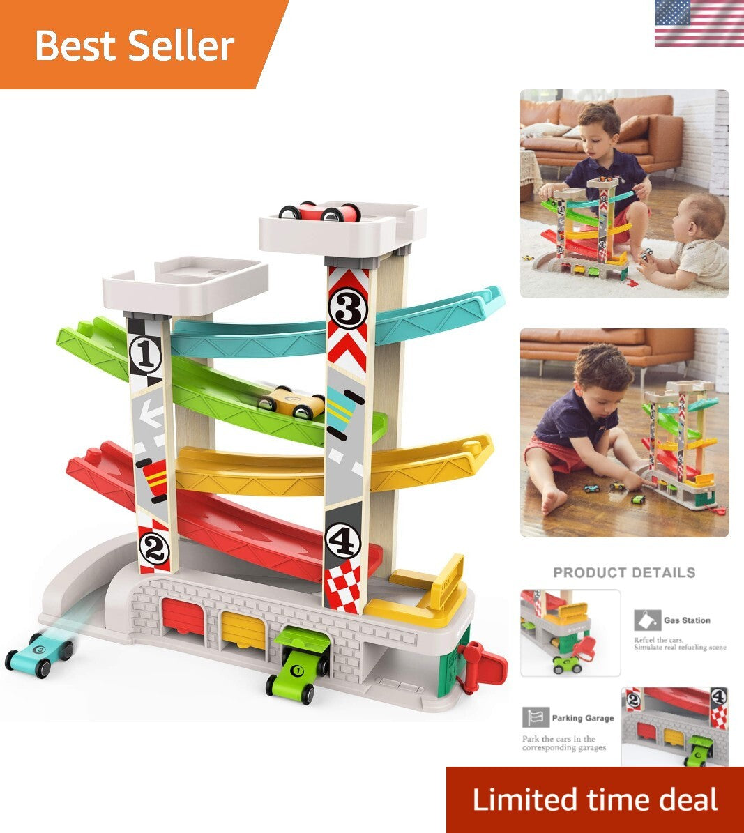 Preschool Learning Car Ramp Toy with Garage and 4 Cars for Ages 1-3 Ye