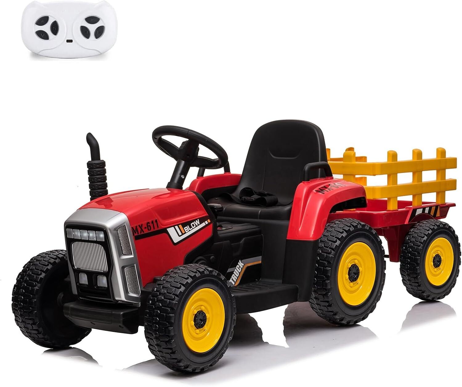 Kids Red Ride-On Tractor with Trailer, Remote Control, and Headlights
