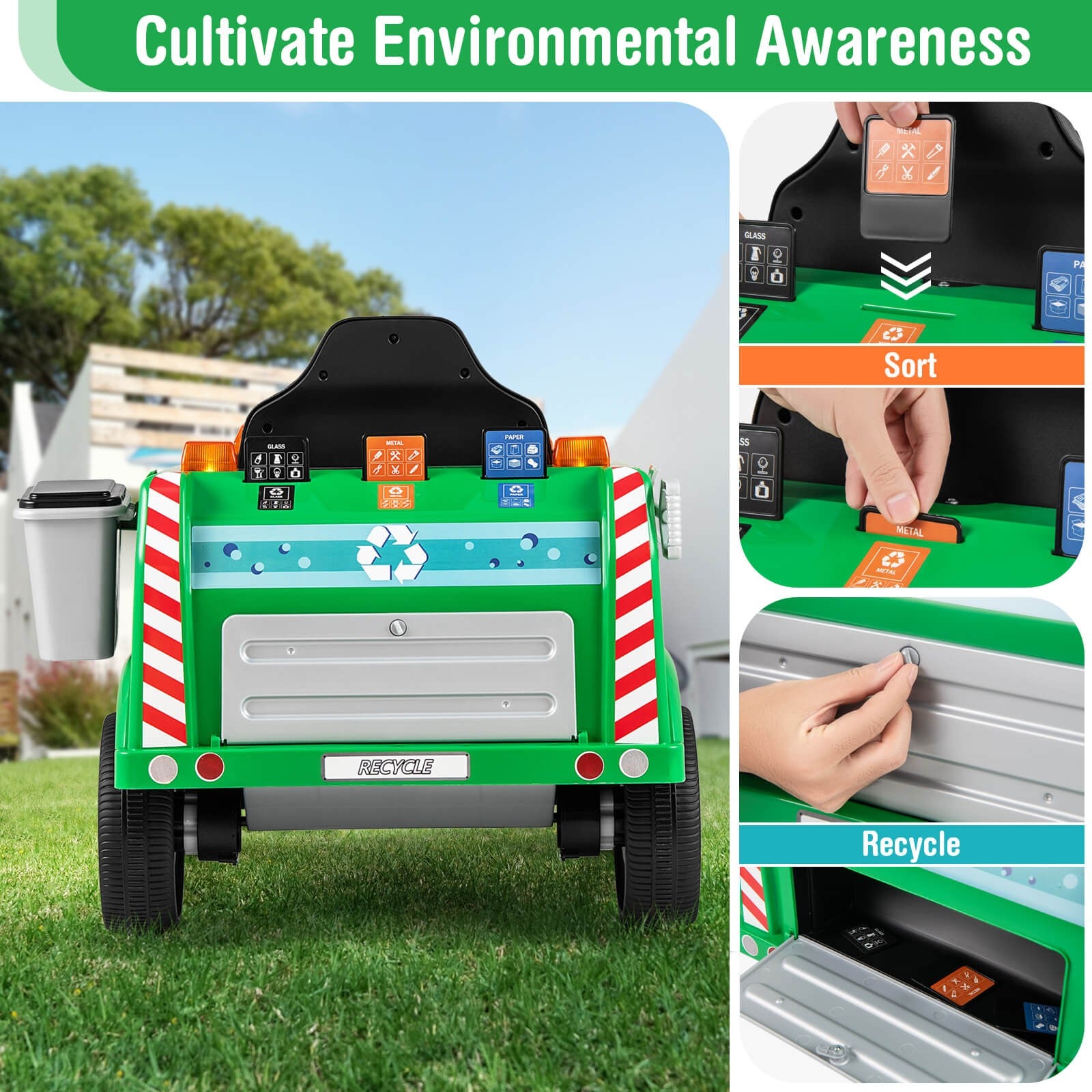 Ride on Garbage Truck with Remote Control Trash Bin Shovel Lights Sound ...