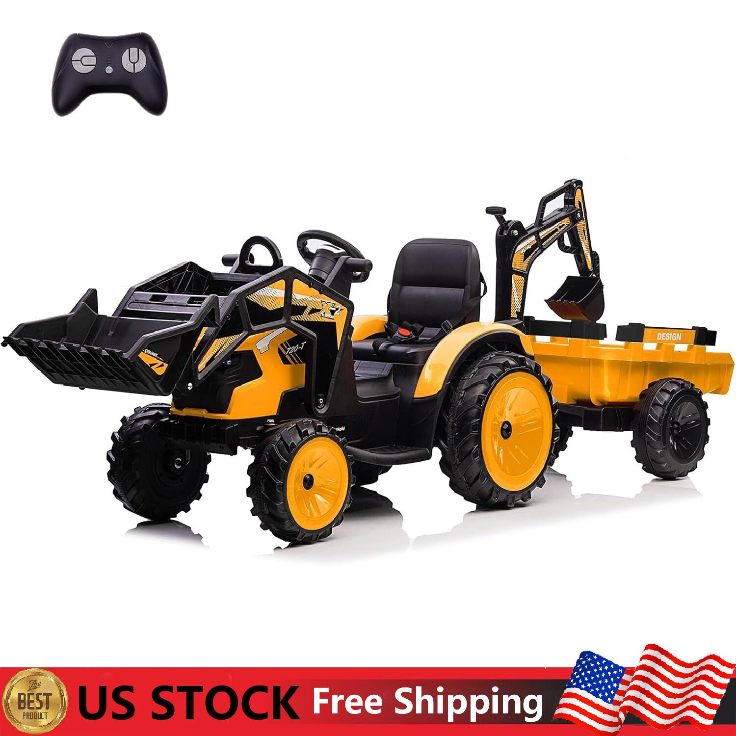 24V Electric Ride-On Tractor with Excavator, Trailer, and Digger Attac