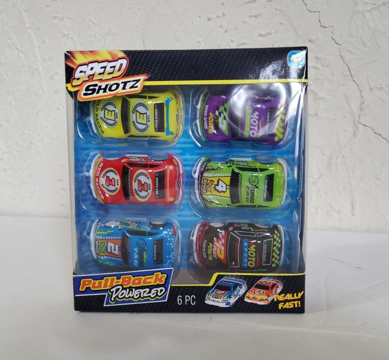 6-Piece Pull-Back Race Car Set in Black, Blue, Red, Green, Purple, and