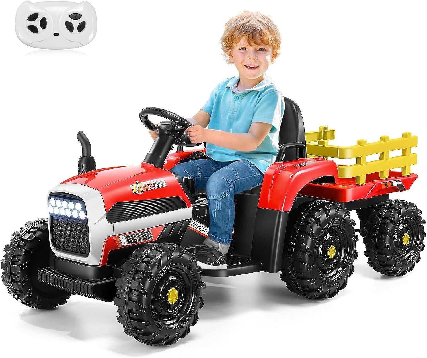 12V Electric Ride-On Tractor for Kids with Remote Control and Trailer