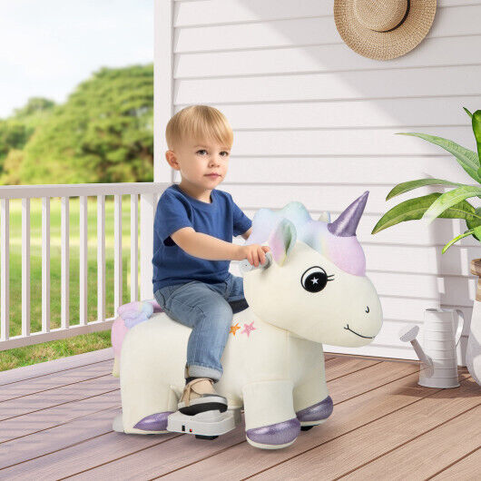 Beige 6V Electric Animal Ride On Toy with Music and Handlebars - Long-