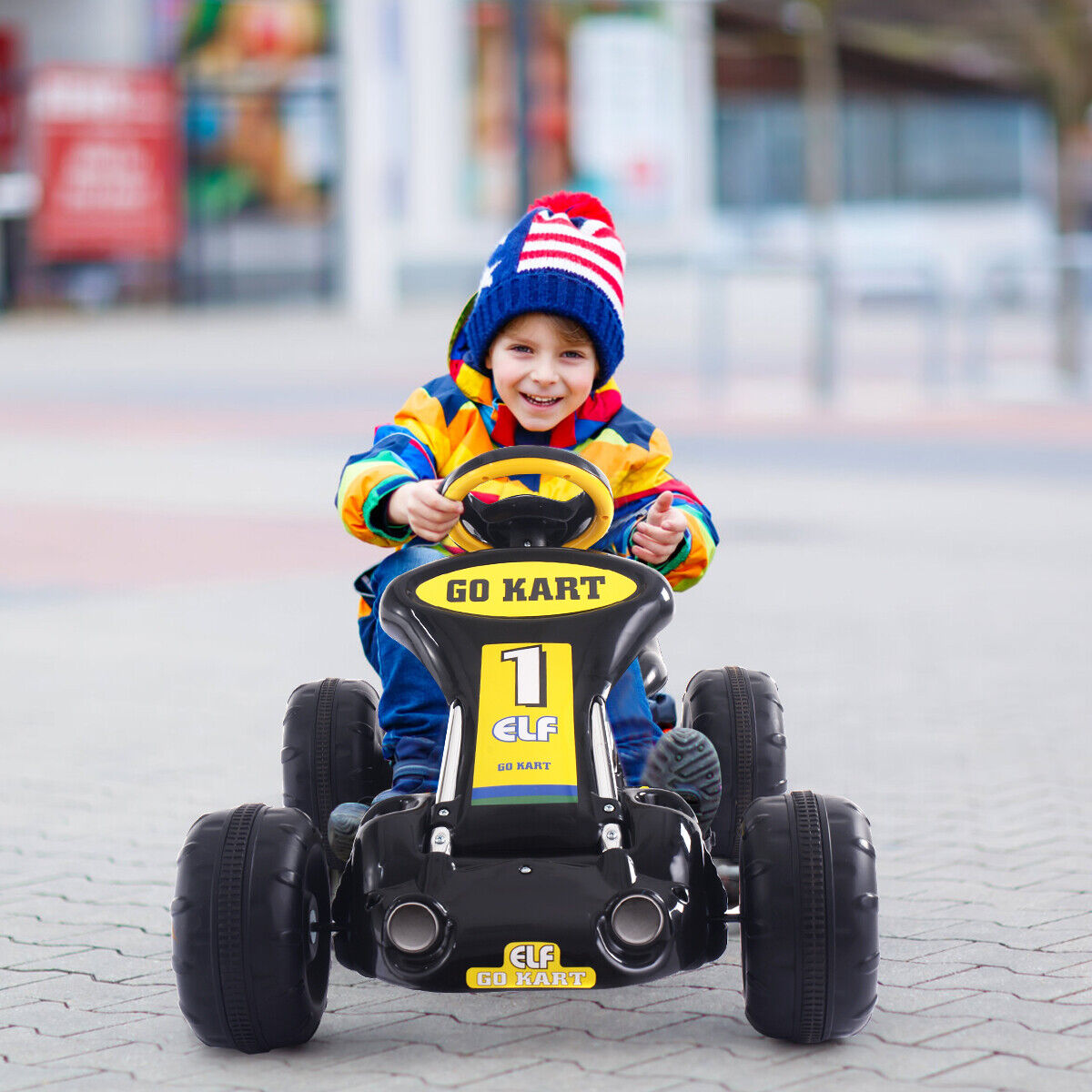 Black Pedal-Powered Go Kart for Kids - 4 Wheel Racer Toy with Joyful R