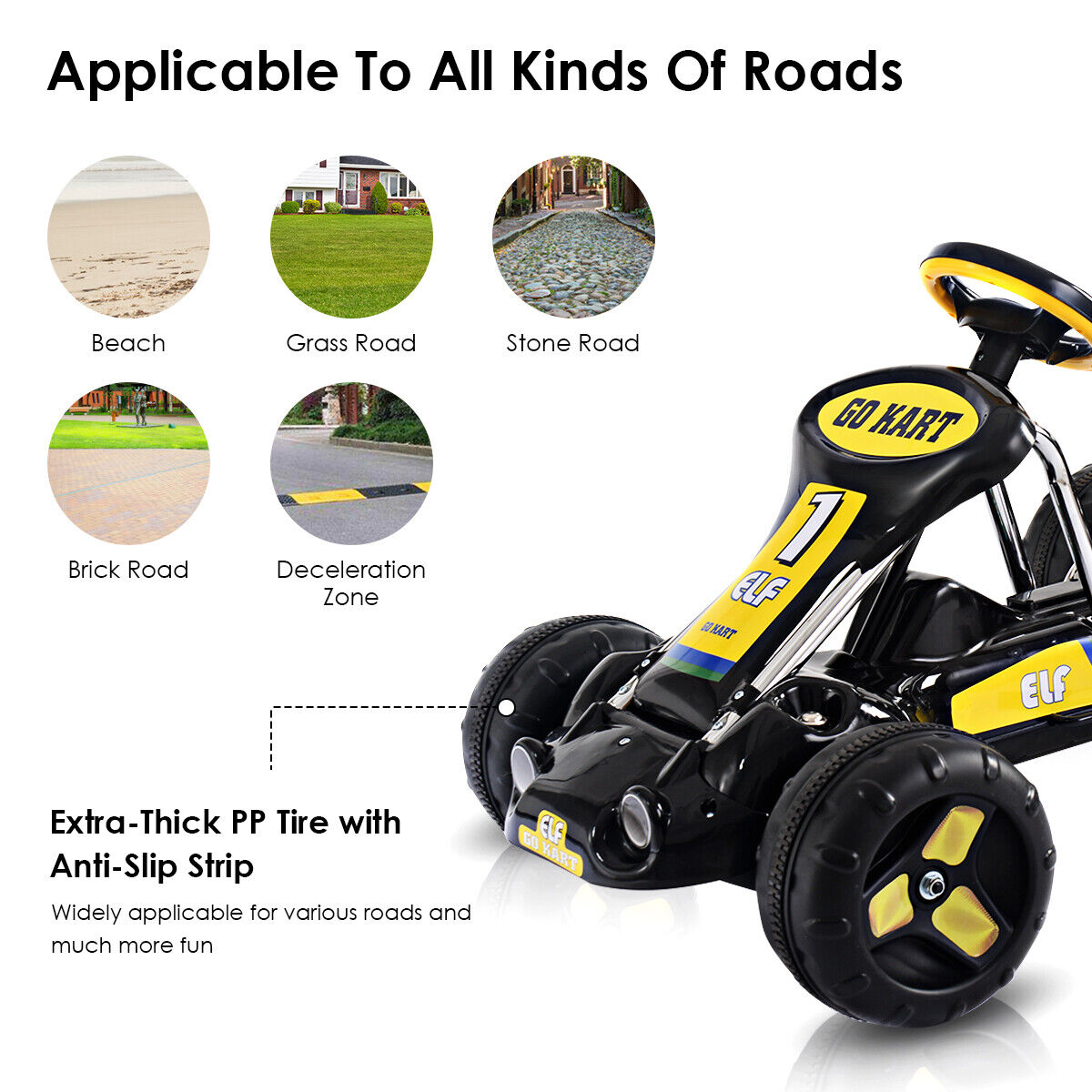 Black Pedal-Powered Go Kart for Kids - 4 Wheel Racer Toy with Joyful R