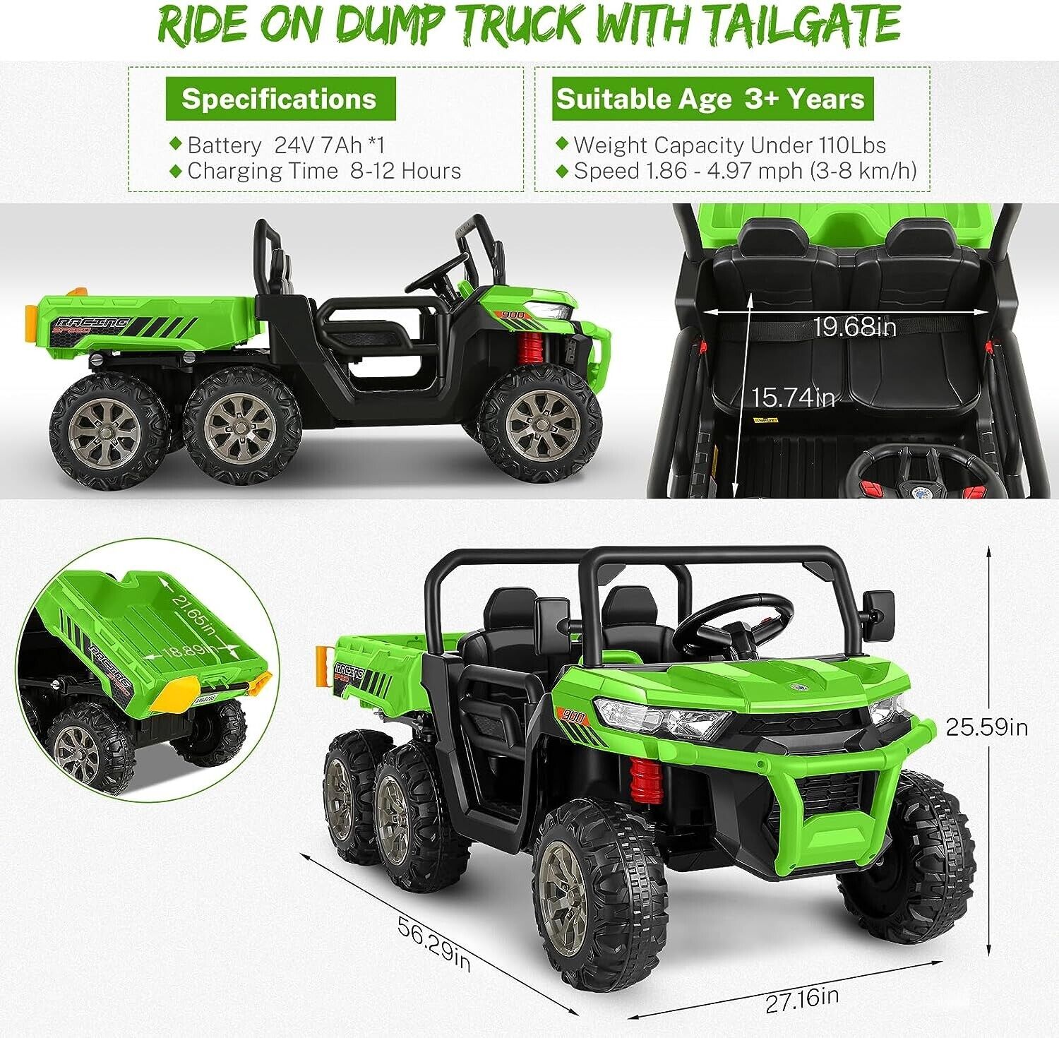 Electric 2 Seater UTV Car for Kids with 4WD and Dump Bed - 24V Powerfu