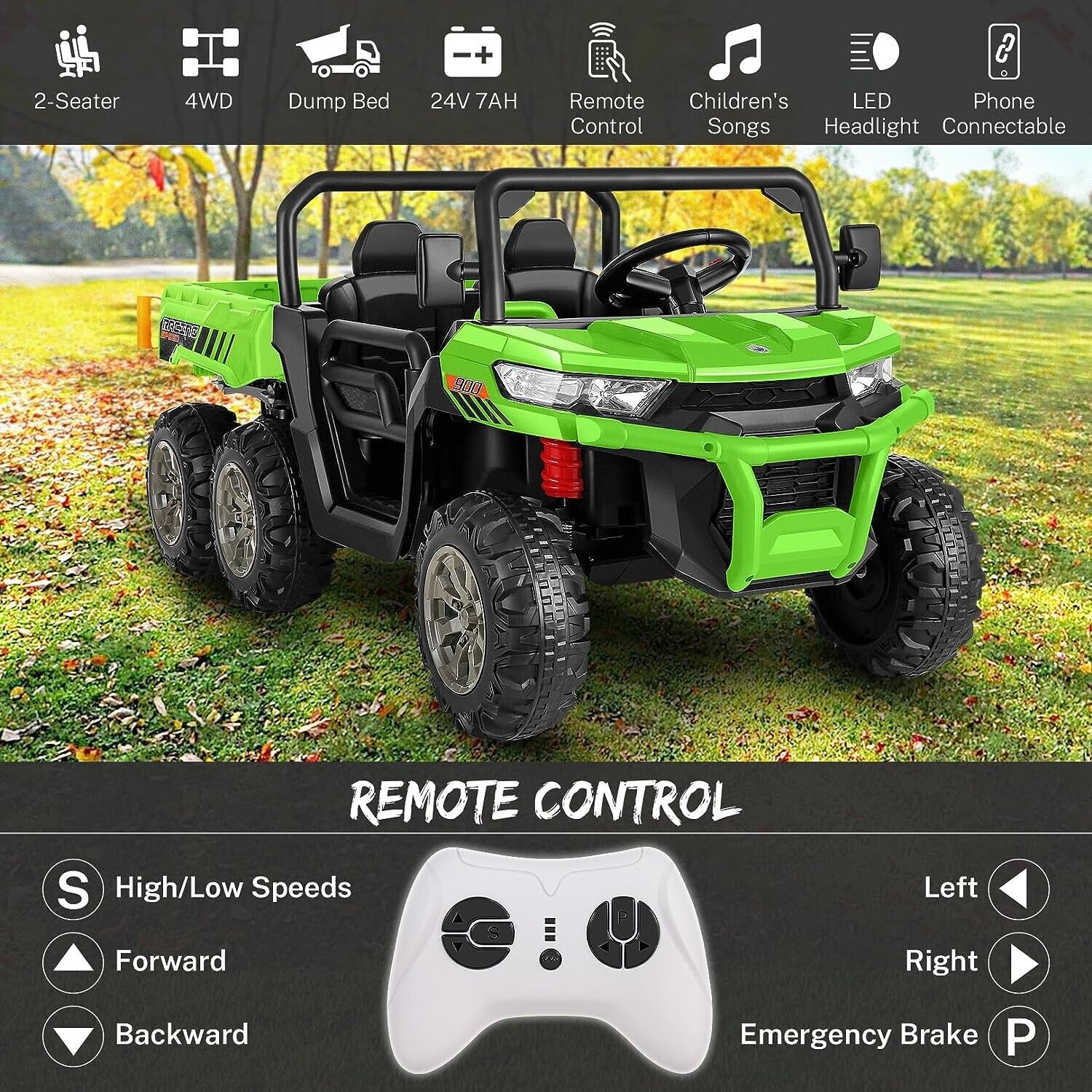 Electric 2 Seater UTV Car for Kids with 4WD and Dump Bed - 24V Powerfu