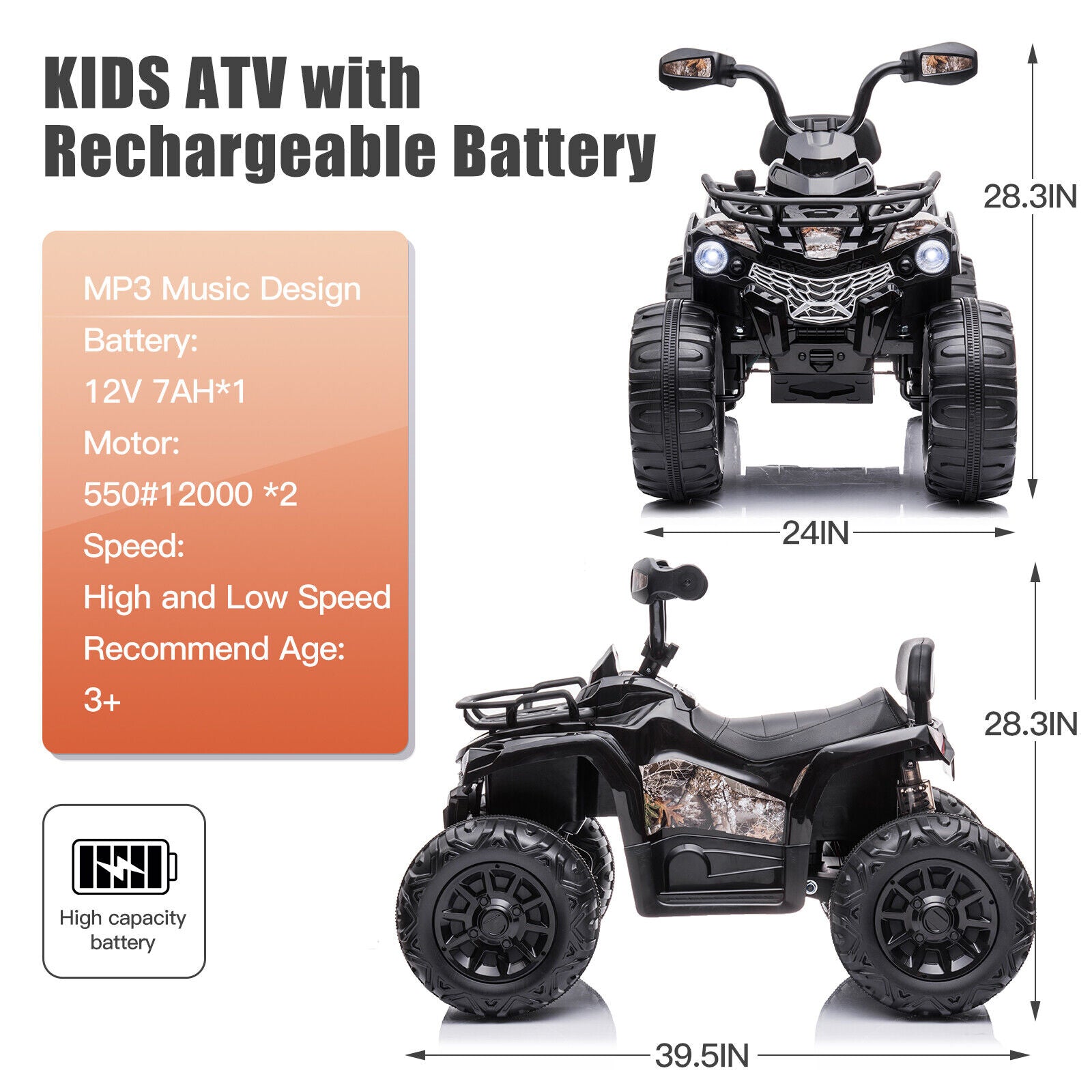 12V Battery Powered Ride On Quad ATV Toy with LED Headlights for Kids
