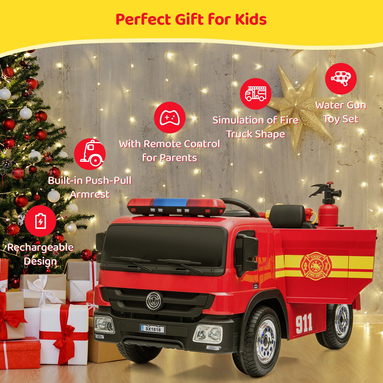 Electric Fire Truck Ride-On Toy for Kids with Remote Control, LED Ligh