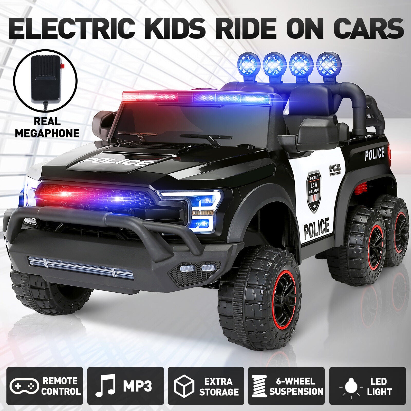 Interactive 12V Police Car Ride-On with RC, LED Lights, and Intercom