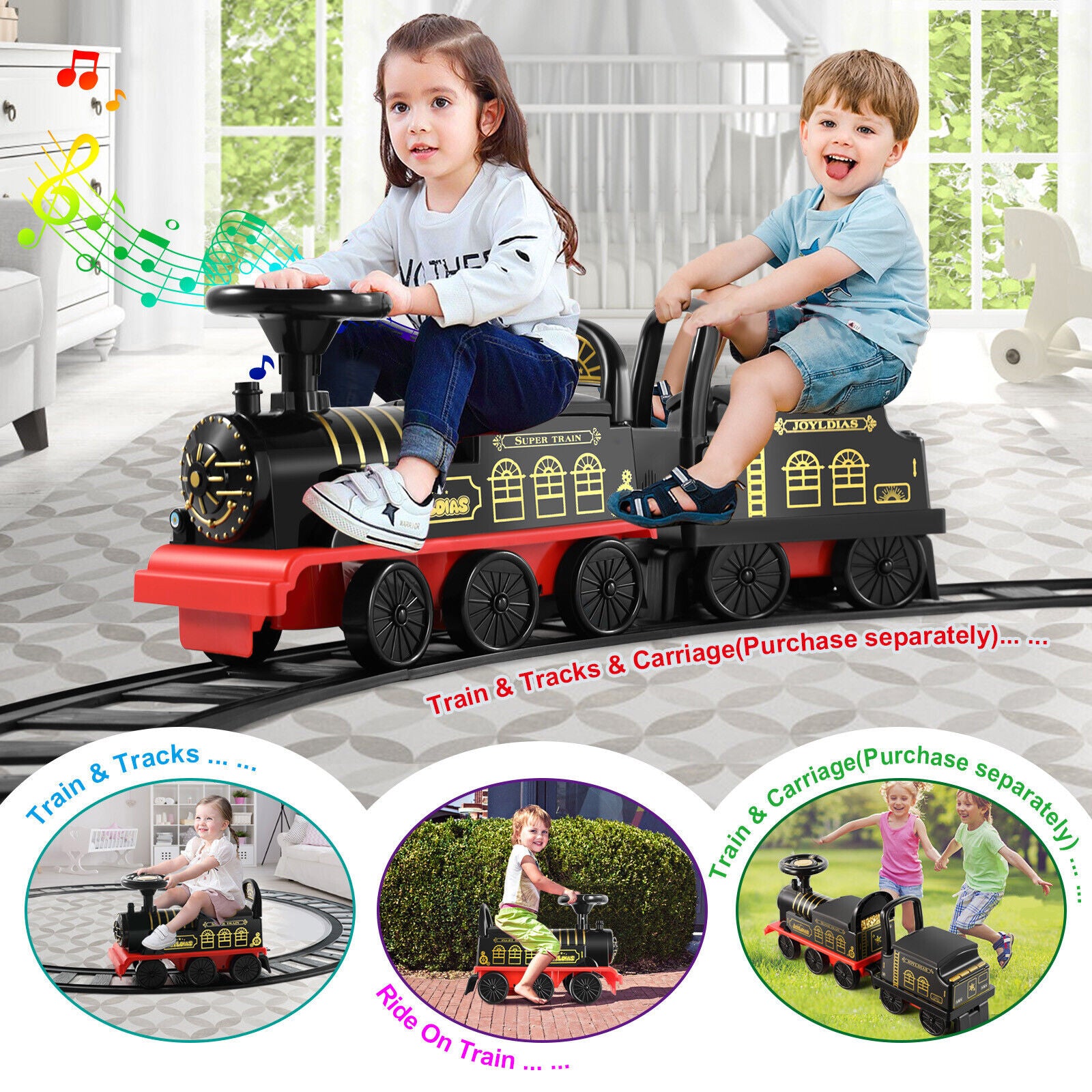 Interactive 6V Electric Kids Train Set with Track, Carriage, Lights, W