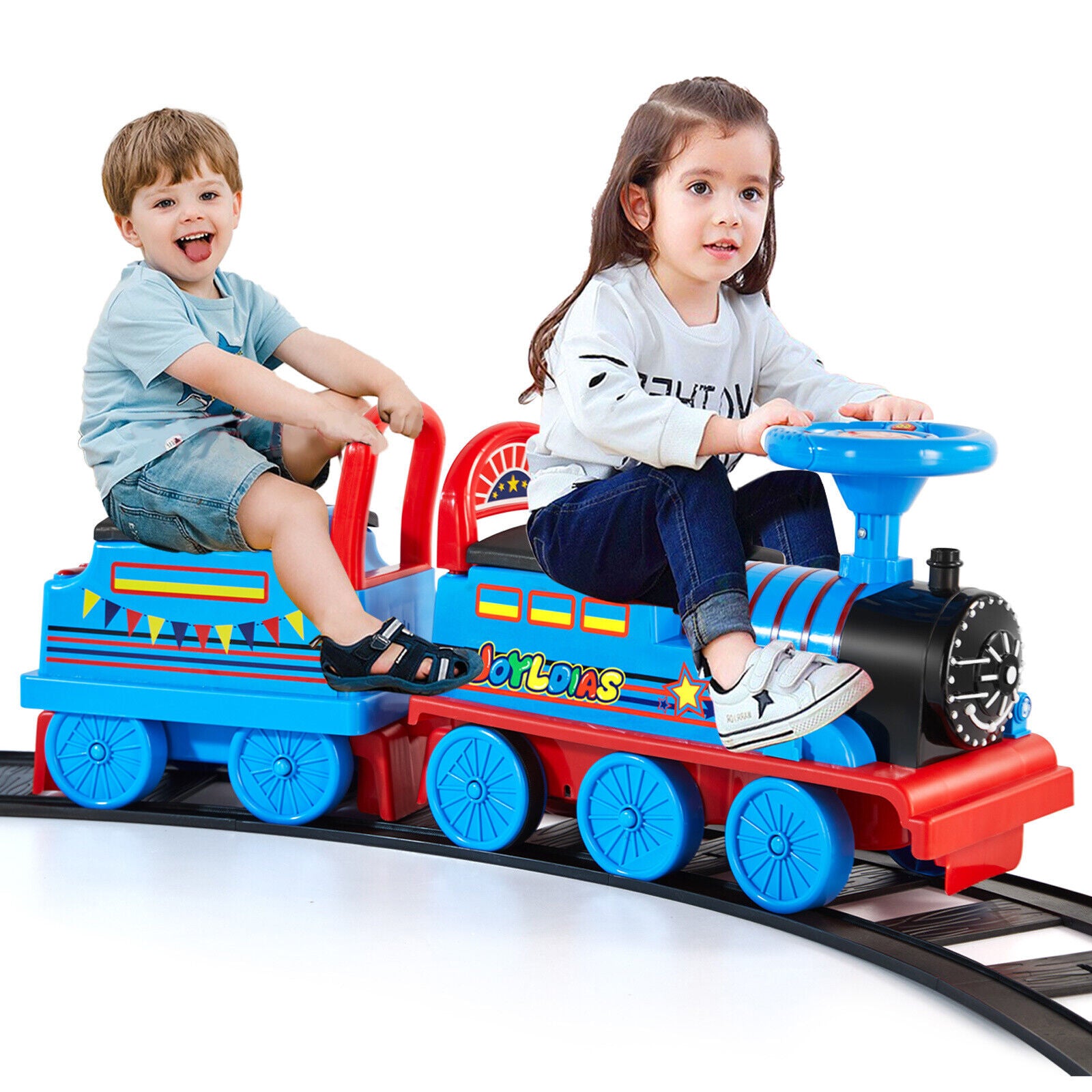 Interactive 6V Electric Kids Train Set with Track, Carriage, Lights, W