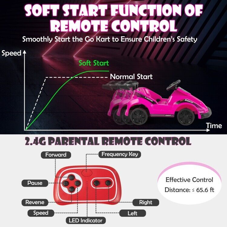 Kid's Pink 6V Battery Powered Go Kart with Remote Control and Safety B