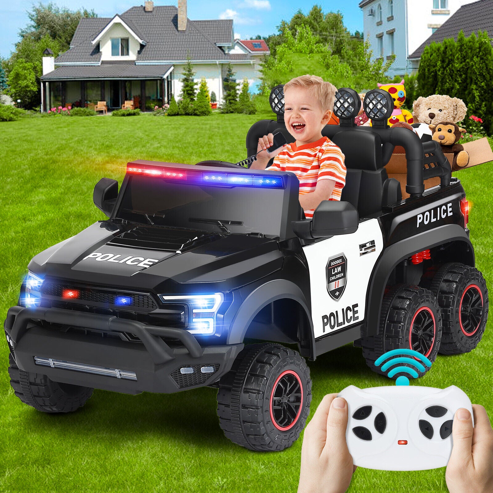 Electric Police Car Ride-On for Kids with 6 Wheels, LED Lights, Interc