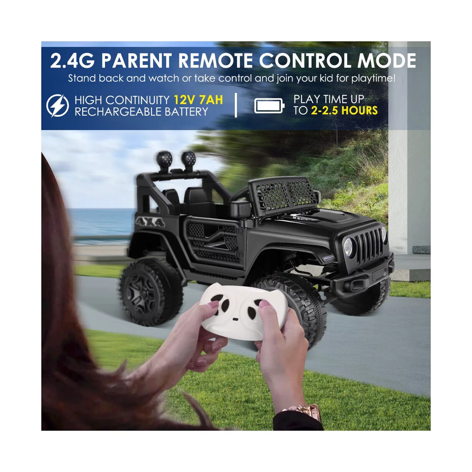Premium 12V Electric Ride-On Jeep with LED Lights, MP3 Player, Remote