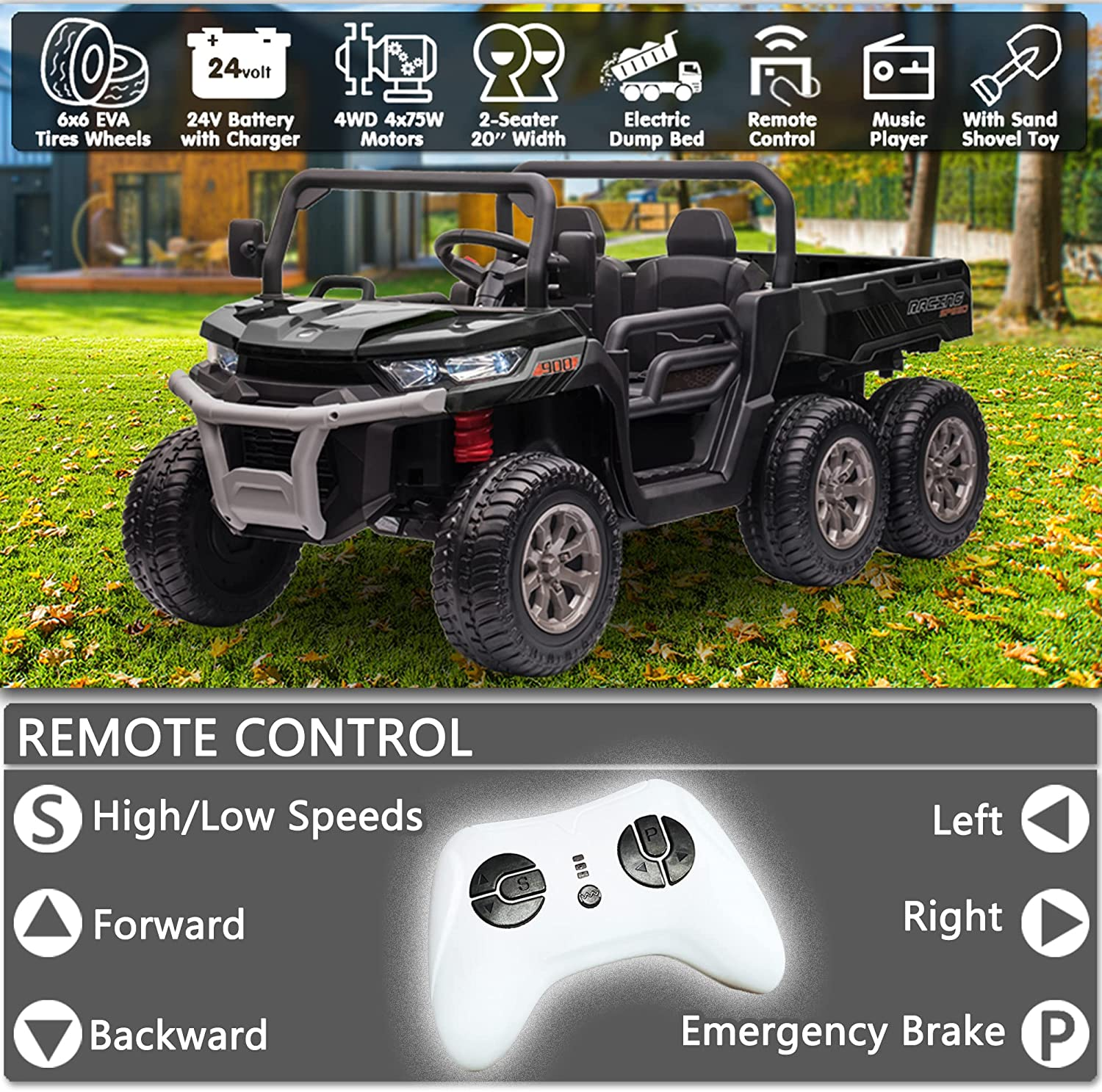 6X6 24V Children's Electric Vehicle 4WD Double Seater Ride-On Truck Du
