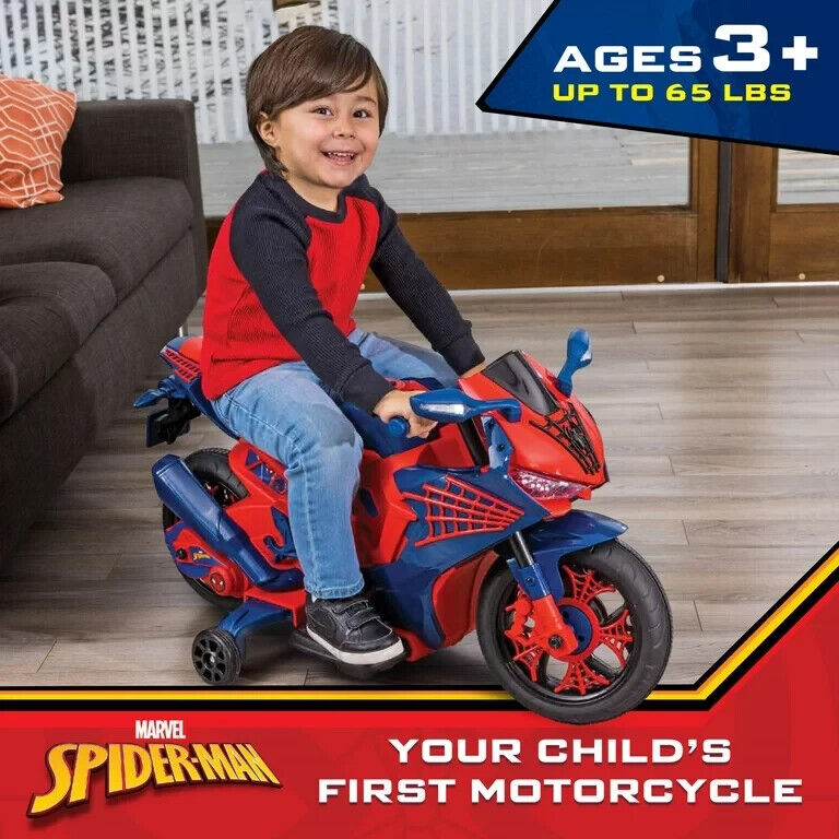 Spiderman 6V Motorcycle Ride On for Kids, Ages 3+, with Rechargeable B