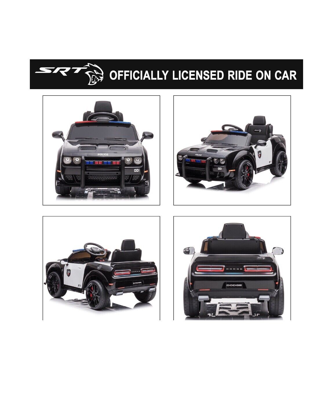 Ultimate Dodge Challenger SRT Hellcat Police Car 12V Kids Ride-On Toy
