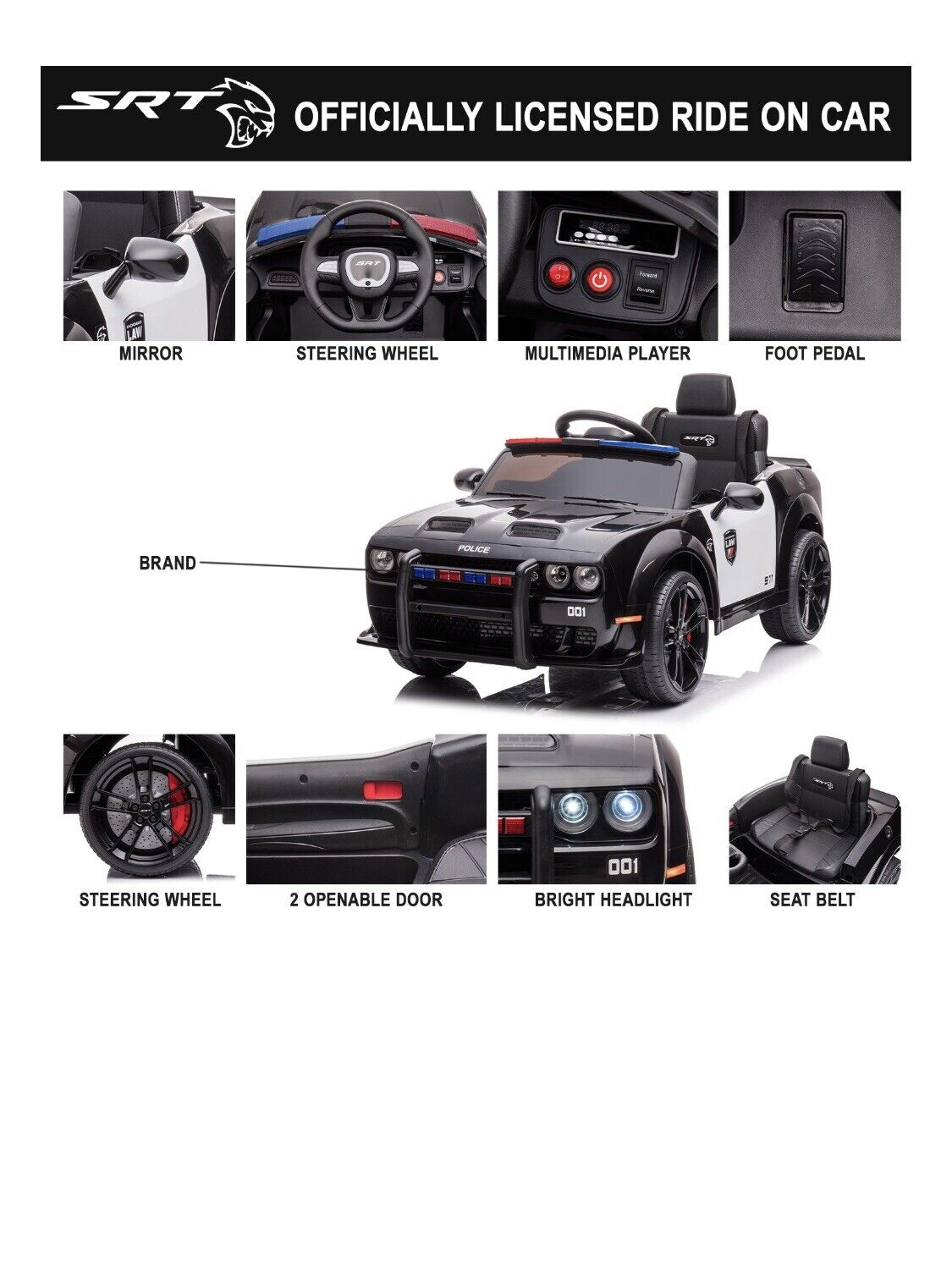 Ultimate Dodge Challenger SRT Hellcat Police Car 12V Kids Ride-On Toy